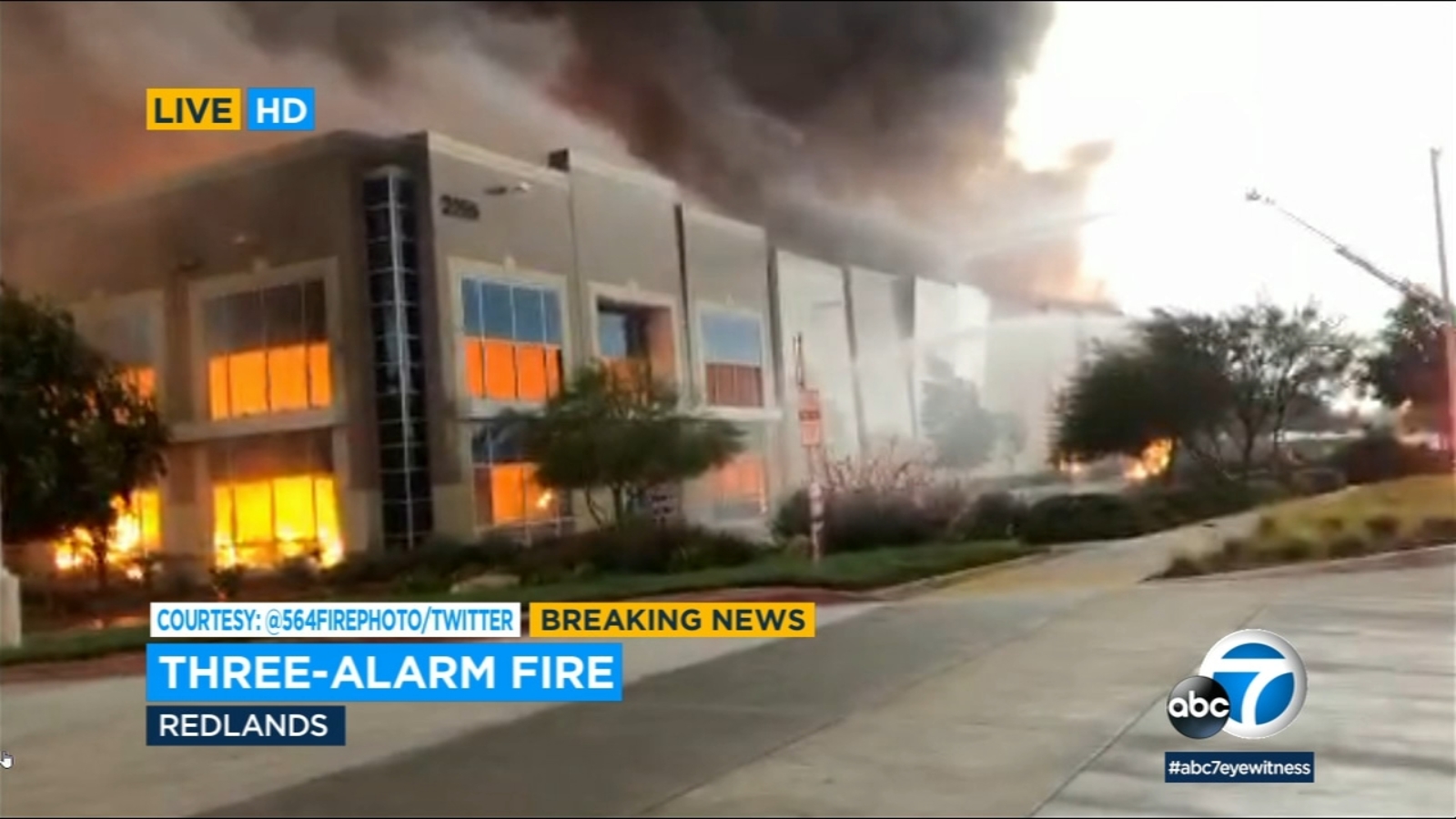 Three-alarm fire erupts at warehouse in Redlands